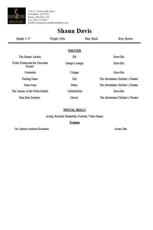 SHAUN DAVIS DOB: 11/24/2009 HAIR: BLACK EYES: BROWN